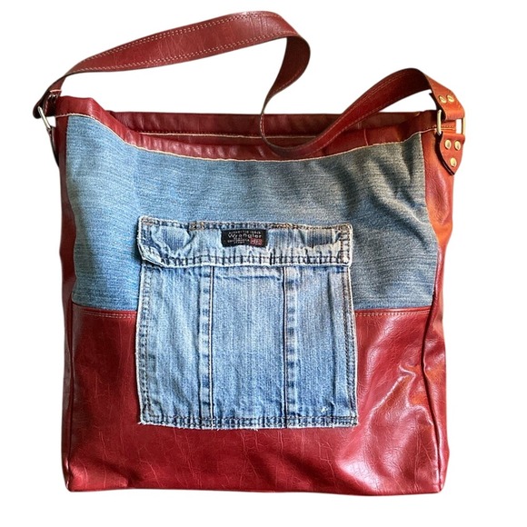 Wrangler | Bags | Wrangler Upcycled Denim Red Leather Large Purse Tote ...